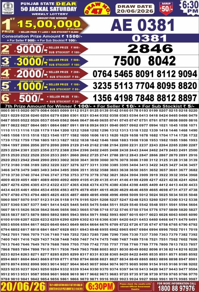 Punjab State Dear 50 Jackal Saturday Weekly Lottery 20.06.2026 Result 6 ...