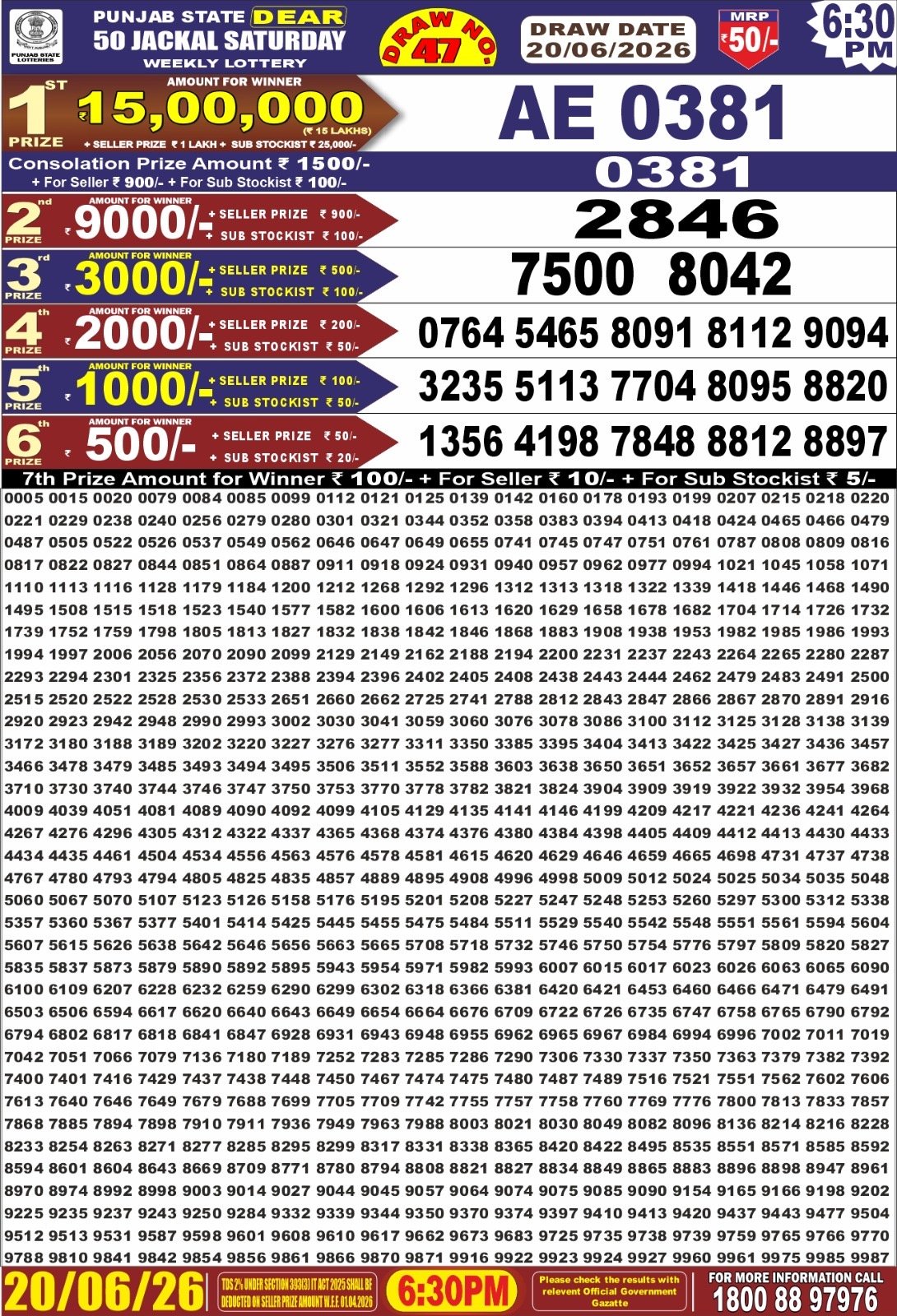Punjab State Dear 50 Jackal Saturday Weekly Lottery 20.06.2026 Result 6 ...